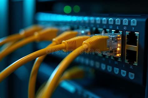 Close Up Of A Network Switch With Multiple Yellow Ethernet Cables