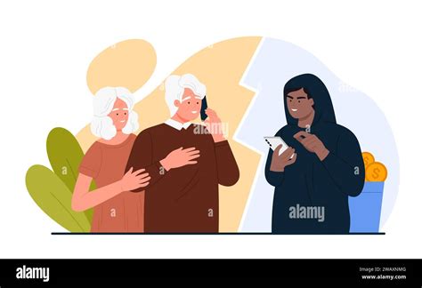 Stealing Money From Old People Using Mobile Phone Vector Illustration Cartoon Elderly Couple