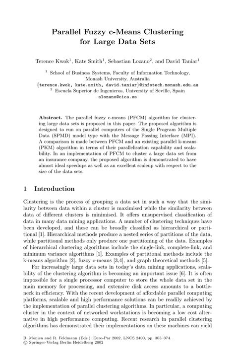 Pdf Parallel Fuzzy C Means Clustering For Large Data Sets