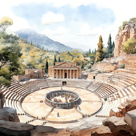 Santuário Do Oráculo De Delphi Com Seu Anfiteatro E Ilustração Da Fonte Sagrada Foto Premium