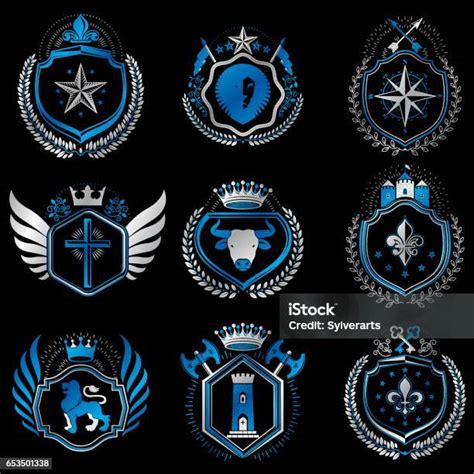 벡터 빈티지 전령 코트 의 팔 디자인 수상 스타일 중세 타워 무기고 왕실 왕관 별 및 기타 그래픽 디자인 요소 컬렉션입니다 0