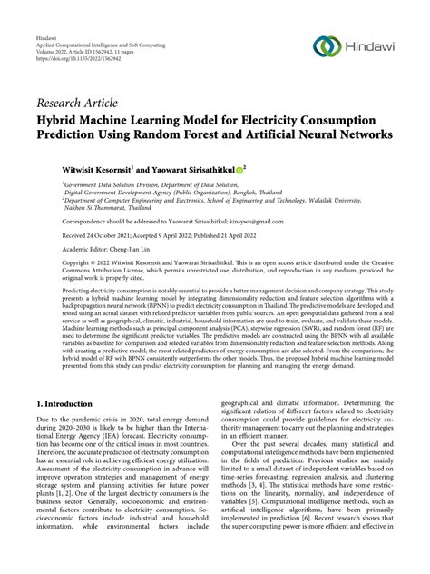 Pdf Hybrid Machine Learning Model For Electricity Consumption Prediction Using Random Forest
