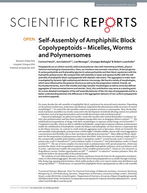 Pdf Self Assembly Of Amphiphilic Block Copolypeptoids Micelles Worms And Polymersomes