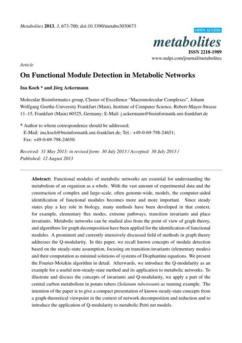 Pdf On Functional Module Detection In Metabolic Networks