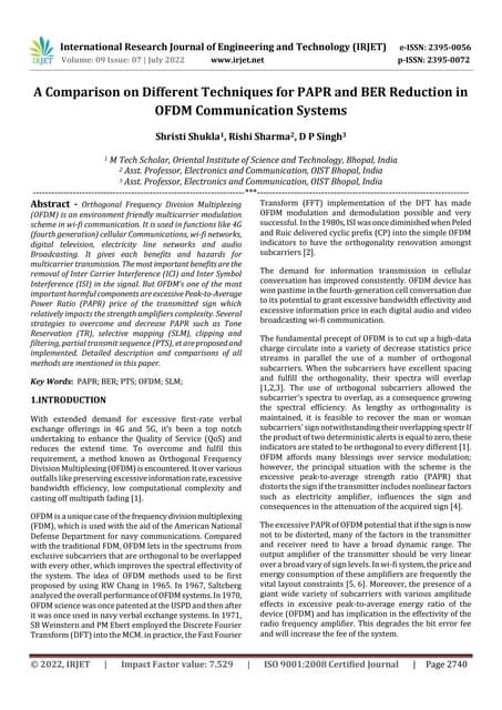 A Comparison On Different Techniques For Papr And Ber Reduction In Ofdm