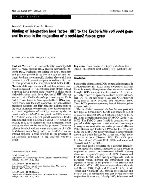 PDF Binding Of Integration Host Factor IHF To The Escherichia Coli SodA Gene And Its Role In