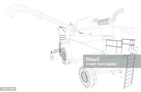 곡물 파이프 절연 농업 기계 혁신 개념수확기의 얇은 윤곽 상세한 3d 계획 산업 3d 그림 3차원 형태에 대한 스톡 사진 및