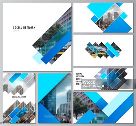 인기있는 형식으로 현대 소셜 네트워크 모형의 편집 가능한 레이아웃의 최소 추상 벡터 그림 사각형과 추상 기하학적 패턴 창조적 인 현대 파란색 배경 개념에 대한 스톡 벡터