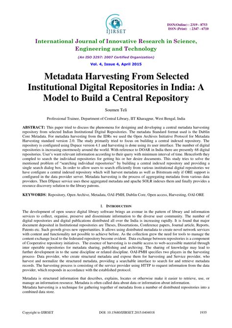 Pdf Metadata Harvesting From Selected Institutional Digital Repositories In India A Model To