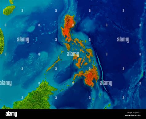 Philippines Highlighted In Red On Physical Map 3d Illustration