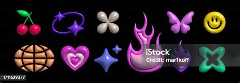 풍선 Y2k 아이콘 컬렉션입니다 Y2k 스타일의 도형 및 아이콘입니다 플라스틱 효과로 부풀려진 3d 요소 벡터 집합 모양 3차원 형태에 대한 스톡 벡터 아트 및 기타 이미지