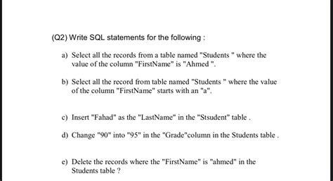 Solved Q2 Write Sql Statements For The Following A