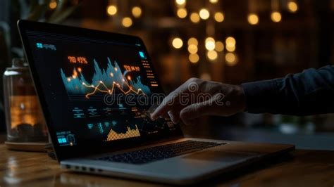 Hand Interacting With Data Visualization On Laptop Screen Stock Image Image Of Pointing