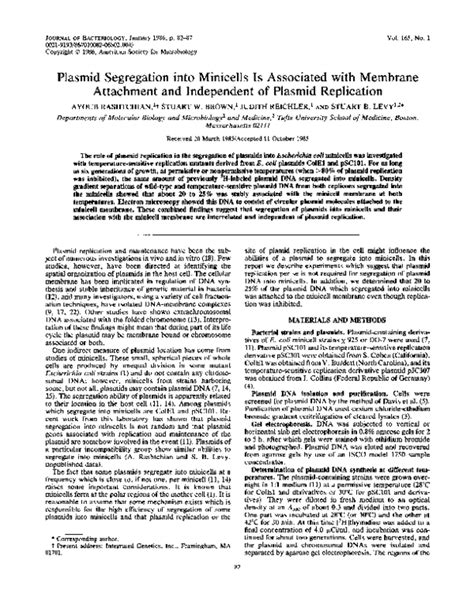 Pdf Plasmid Segregation Into Minicells Is Associated With Membrane Attachment And Independent