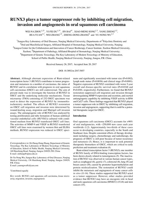 Pdf Runx3 Plays A Tumor Suppressor Role By Inhibiting Cell Migration Invasion And