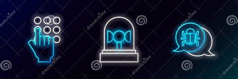 Set Line System Bug Password Protection And Flasher Siren Icon Glowing Neon Vector Stock