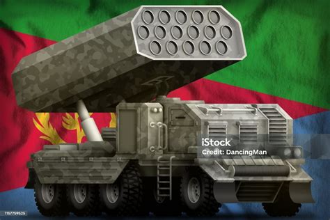로켓 포병 에리트레아 국기 배경에 회색 위장미사일 발사기 3d 일러스트레이션 교통수단에 대한 스톡 사진 및 기타 이미지 교통