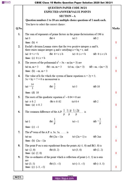 Cbse Class 10 Maths Standard Question Paper Solution 2020 Set 30 2 1