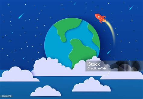 종이 컷 스타일로 공간에서 빨간색 로켓 발사 압서트 은하 우주 풍경 3d 공예 배경 컷아웃 우주선 셔틀은 지구 행성 주위를 날아다녔다 교육 용 어린이 포스터귀여운 벡터 카드