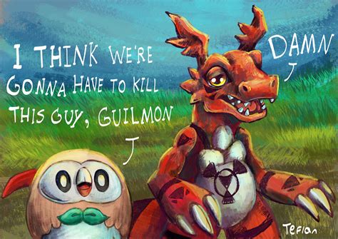 Guilmon Rowlet Digimon Nintendo Pokemon Absurdres Highres Bird