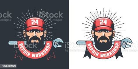 정비사 수리 서비스 워크샵 복고풍 엠블럼 핸디맨과 조절 가능한 렌치 건설업자에 대한 스톡 벡터 아트 및 기타 이미지 건설업자 공예 교통수단 Istock