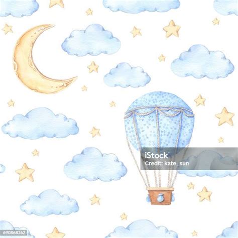 수채화 원활한 패턴 공기 풍선 달과 별 어린이 방에 대한 아이디어 베이비 샤워 파티 요소 인쇄 엽서 인쇄물 인사말 카드 직물 등에 적합 열기구에 대한 스톡 벡터 아트 및