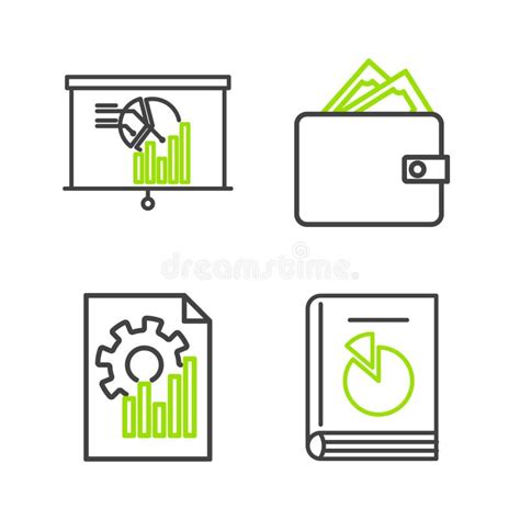 Set Line User Manual Document With Graph Chart Wallet Stacks Paper Money Cash And Board Icon