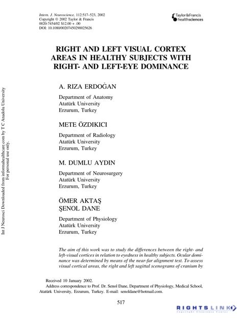 Pdf Right And Left Visual Cortex Areas In Healthy Subjects With Right And Left Eye Dominance