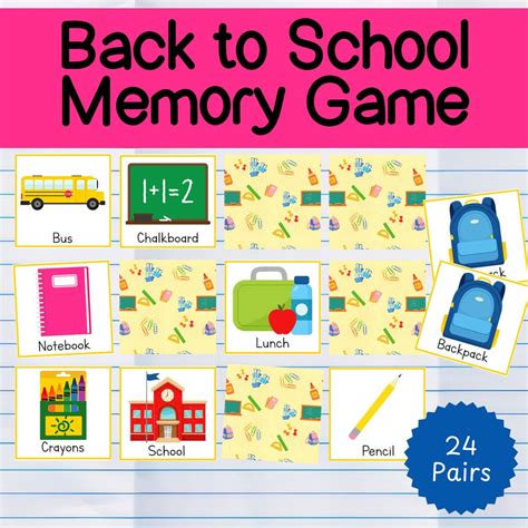 Back To School Memory Game Back To School Matching Game Memory Games