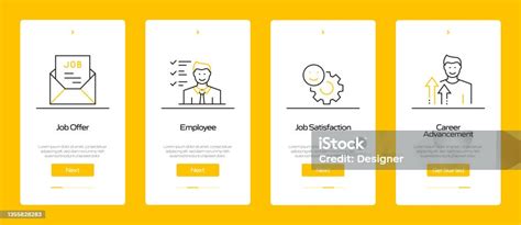 플랫 아이콘이 있는 모바일 앱 페이지 화면의 작업 및 이력서 개념 Ux Ui 디자인 템플릿 벡터 일러스트레이션 사용자 온보딩에 대한 스톡 벡터 아트 및 기타 이미지 Istock
