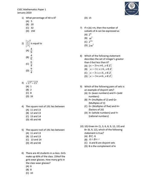 Csec Math Past Paper Questions