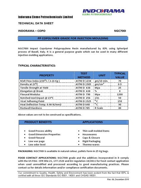 Indorama Copo Ngc700i Pp Copolymer Grade For Injection Moulding Pdf