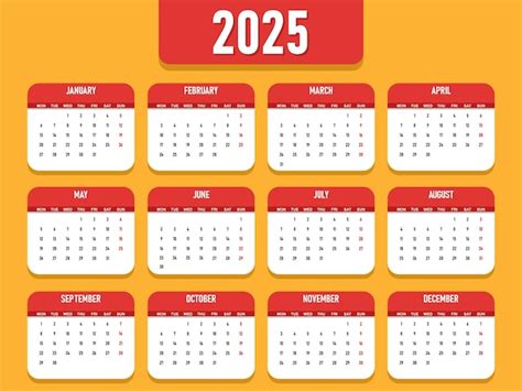 2025 년 월간 달력 주 월요일 시작 프리미엄 벡터