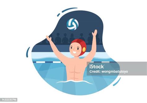 수상 폴로 스포츠 선수 플랫 만화 손으로 그린 템플릿 일러스트레이션에서 수영장에서 상대의 목표에 공을 던지기 위해 재생 경기 스포츠에 대한 스톡 벡터 아트 및 기타 이미지