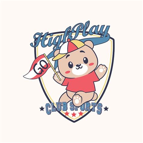 깃발을 들고 있는 귀여운 곰의 벡터 로고 프리미엄 벡터