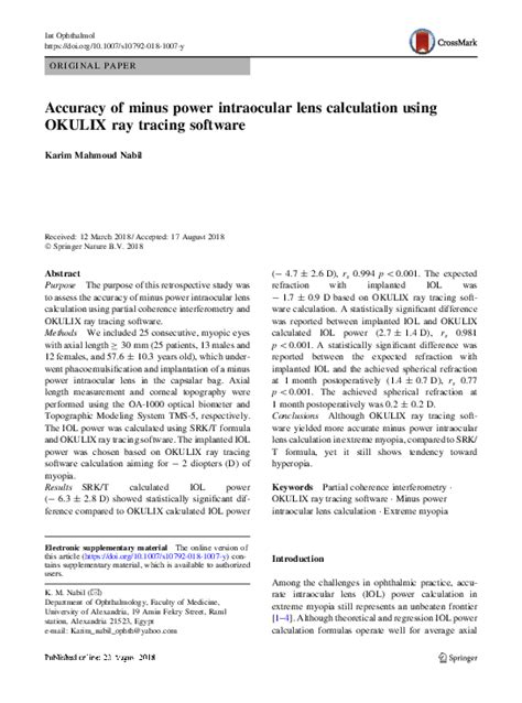 Pdf Accuracy Of Minus Power Intraocular Lens Calculation Using Okulix