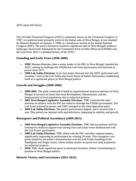 Aitc Party Full History Pdf Politics Of India Elections