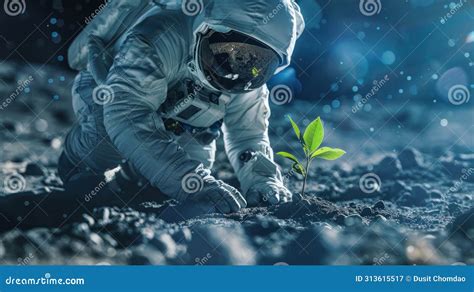 A Man In A Space Suit Is Planting A Tree On The Moon Stock Image Image Of Dark Cosmonaut
