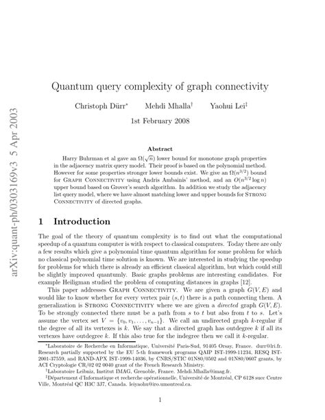 Pdf Quantum Query Complexity Of Graph Connectivity