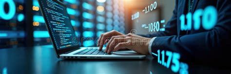 person codes on a laptop digital tech data center background focus on