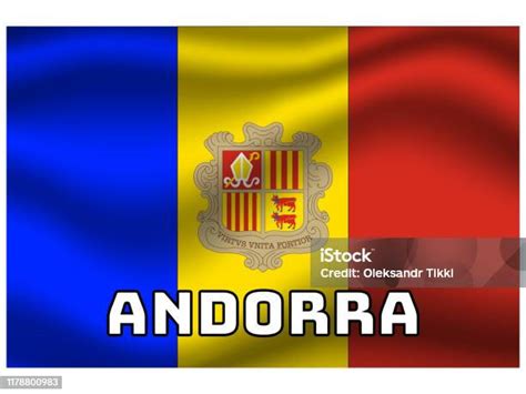 안도라 국기 와 물결 모양의 그림자 효과와 국가의 이름 원래 색상과 비율 벡터 일러스트레이션을 참조하십시오 국가 관광명소에 대한