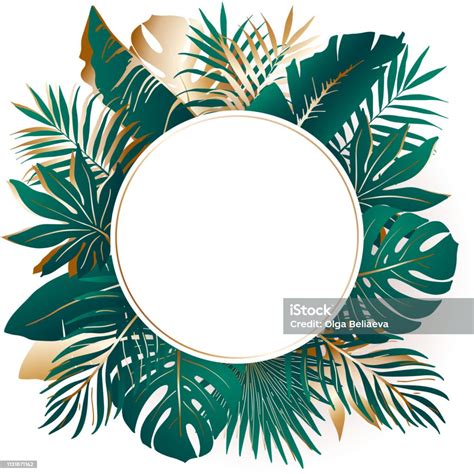 열 대 서식 파일입니다 녹색 및 금색 야자수 잎 몬스터와 바나나의 잎과 복사 공간이 있는 라운드 화이트 프레임 광고 스파 디자인 파티 포스터 결혼식을 위한 여름 템플릿 웹