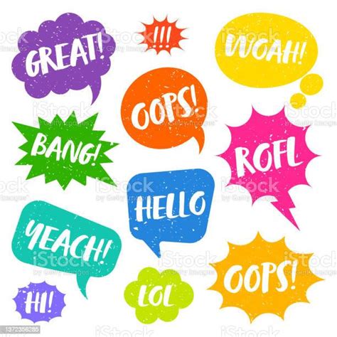 필기 텍스트와 다채로운 그런지 만화 연설 거품 손으로 그린 복고풍 만화 스티커 채팅 메시지 상자 벡터 일러스트레이션 물이 튀는에 대한 스톡 벡터 아트 및 기타 이미지