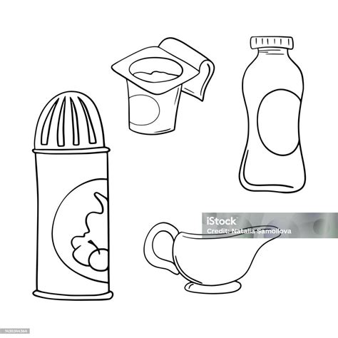 흑백 아이콘 세트 유제품 휘핑 크림 포장 요구르트 만화 벡터 낙서 드로잉에 대한 스톡 벡터 아트 및 기타 이미지 낙서 드로잉
