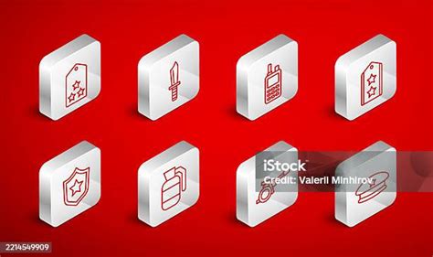 세트 라인 군용 베레모 칼 워키 토키 계급 곡사포 수류탄 및 경찰 배지 아이콘 벡터 3차원 형태에 대한 스톡 벡터 아트 및 기타 이미지 Istock