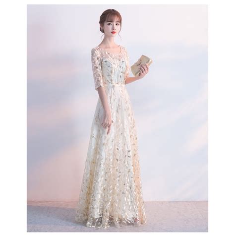 Eg72 晚禮服女香檳金色銀色氣質大方連衣裙名媛長款氣場女王宴會主持人秋款 Lin Dali Art Management