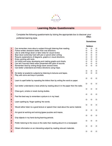 Learning Styles Questionnaire Learning Styles Questionnaire Complete The Following