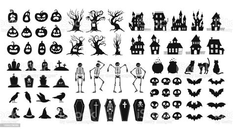 공포 실루엣 무서운 할로윈 장식 두개골과 해골 마녀 모자 검은 고양이 까마귀와 묘지 관 으스스한 집 벡터 세트 관 제작물에 대한 스톡 벡터 아트 및 기타 이미지 Istock