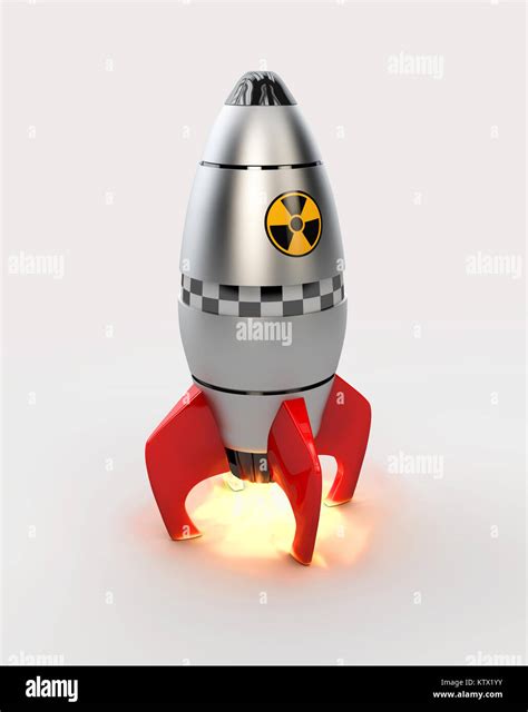 D Illustration Of Rocket Space Ship Take Off With Fire Isolated White Simple Retro Spaceship