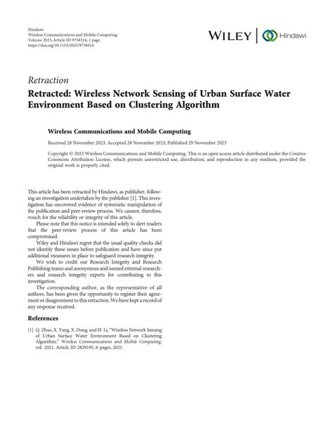 Pdf Retracted Wireless Network Sensing Of Urban Surface Water Environment Based On Clustering